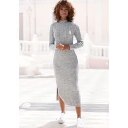Lascana Damen Strickkleid "mit Zopfmuster, seitlicher Schlitz, elegantes Pulloverkleid", grau, Gr. 44, meliert, Strick, Obermaterial: 84% Polyacryl,