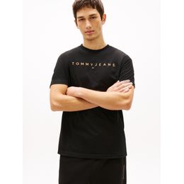 Tommy Jeans Herren T-Shirt "TJM REGULAR LINEAR LOGO EXT", schwarz, Gr. XL, bestickt, unifarben, Single Jersey, Obermaterial: 100% Baumwolle, Shirts,