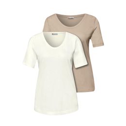 Street One Damen T-Shirt, beige, Gr. 36, unifarben, Web, 50% Baumwolle, 50% Modal, Shirts, mit abgerundetem V-Ausschnitt