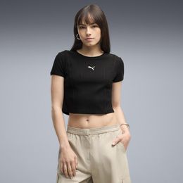 Puma Damen T-Shirt "Essentials Geripptes T-Shirt Damen"schwarz, Gr. S, clean, Obermaterial: 4% Elasthan, 63% Polyester, 33% Baumwolle. Rippe: 30%