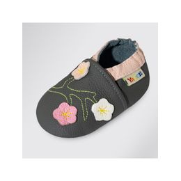 Yalion Krabbelschuh Leder grau Blume Motiv Lauflernschuhe | Gr.: 0-6 Monate