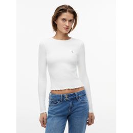 Tommy Jeans Damen Langarmshirt "TJW SLIM SH LETTUCE EDGE RIB LS", wei&szlig;, Gr. L, unifarben, Single Jersey, Obermaterial: 95% Baumwolle, 5% Elasthan,