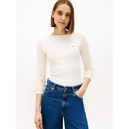 Tommy Hilfiger Damen Langarmshirt "SLIM 5X2 RIB BOAT-NK LS mit U-Boot Ausschnitt und Rippstruktur", beige, Gr. XXL, unifarben, Single Jersey,