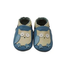 Mejale Blaue Baby Leder Krabbelschuhe, mit rutschfester Sohle &ndash; Eulen-Muster | Gr.: 20/21