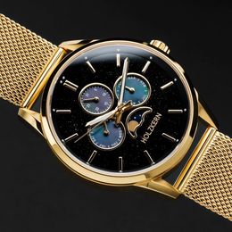 Holzkern Holzuhr Moondust (Aventuringlas/Gold), Herren, Naturholz