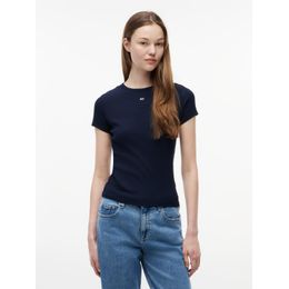 Tommy Jeans Damen Kurzarmshirt "TJW ESSENTIAL RIB SHORT SLEEVE EXT", blau, Gr. XS, unifarben, Single Jersey, Obermaterial: 95% Baumwolle, 5%