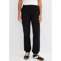bonprix Damen Cargohose, schwarz, Gr. 46, Web, Obermaterial: 97% Baumwolle, 3% Elasthan, Hosen, aus Baumwolle mit Elasthan, lockere Passform, mit