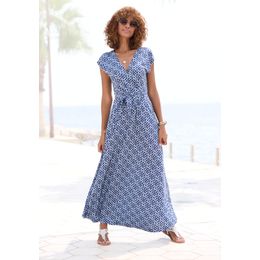 Lascana Damen Maxikleid "mit Gummizug in der Taille und Bindeg&uuml;rtel, Alloverdruck", blau, Gr. 36, bedruckt, Single Jersey, Obermaterial: 100%