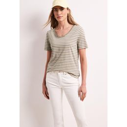 Street One Damen T-Shirt, beige, Gr. 38, gestreift, unifarben, Web, 50% Baumwolle, 50% Modal, Shirts, mit abgerundetem V-Ausschnitt