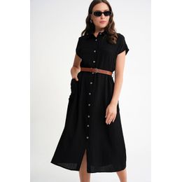 Midi-Kleid mit G&uuml;rtel-Detail und kn&ouml;pfbarem Kragen