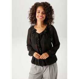 Aniston CASUAL Damen Schlupfbluse, schwarz, Gr. 44, leicht transparent, unifarben, Georgette, Obermaterial: 100% Polyester, Blusen, mit R&uuml;schen am