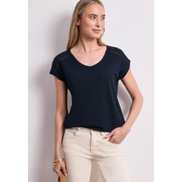 Street One Damen T-Shirt, blau, Gr. 38, unifarben, Stoff, 50% Baumwolle, 50% Modal, Shirts, mit abgerundetem V-Ausschnitt