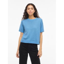 Vila Damen Kurzarmpullover "VILOLLO O-NECK S/S DETAIL KNIT TOP- NOOS", blau, Gr. L, unifarben, Strick, Obermaterial: 100% Baumwolle, Pullover