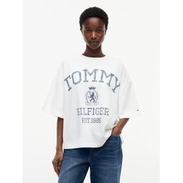 Tommy Hilfiger Damen Kurzarmshirt "VARSITY CREST RLX SS T-SHIRT", wei&szlig;, Gr. S, bedruckt, Single Jersey, Obermaterial: 100% Baumwolle, Shirts,