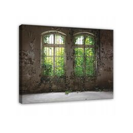 WALLARENA Leinwandbild 3D-Fenster in Gr&uuml;n | Gr.: 40 x 30 cm