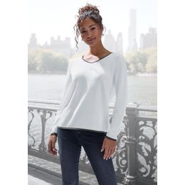 Vivance Damen V-Ausschnitt-Pullover, wei&szlig;, Gr. 32, unifarben mit Farbeinsatz, Feinstrick, Obermaterial: 55% Baumwolle, 45% Viskose, Pullover, mit