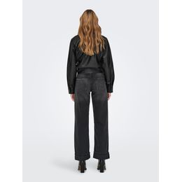 Only Damen Weite Jeans "ONLELLA MW WIDE FOLD UP TAI523 DNM"washed schwarz, Gr. S, unifarben, Denim/Jeans, Obermaterial: 100% Baumwolle, Jeans,