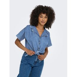 Only Damen Jeansbluse "ONLPAULA S/S TIE SHIRT DNM AKM", blau, Gr. M, unifarben, Denim/Jeans, Obermaterial: 100% Baumwolle, Blusen, Baumwollmischung,