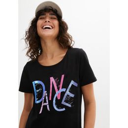 bonprix Damen T-Shirt, schwarz, Gr. 36, bedruckt, unifarben, Jersey, Obermaterial: 95% Baumwolle, 5% Elasthan, Shirts, lockerer Schnitt, Kurzarm, mit