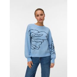 V&eacute;ro Moda VERO MODA Damen Strickpullover "AWHEART LS O-NECK KNIT NOOS", blau, Gr. S, bedruckt, Strick, Obermaterial: 58% Polyester, 38% Polyacryl, 4% Elasthan,