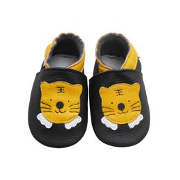 Bemesu Schwarze Baby-Leder-Laufschuhe, komfortabel mit rutschfester Sohle - Tigermotiv | Gr.: 20/21