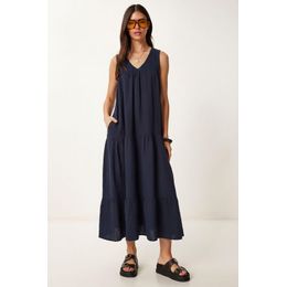 R&uuml;schen V-Ausschnitt Midi-Kleid