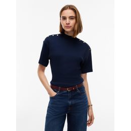 Tommy Hilfiger Damen T-Shirt "GOLD BUTTON HIGH-NK S/S TEE", blau, Gr. XL, unifarben, Single Jersey, Obermaterial: 100% Baumwolle, Shirts, Baumwolle