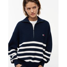 Tommy Jeans Damen Troyer "TJW STRIPE QUARTER ZIP SWEATER", blau, Gr. S, gestreift, Strick, Obermaterial: 100% Baumwolle, Pullover, Baumwolle, mit