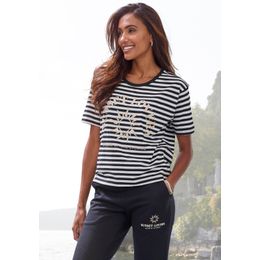 H.I.S. H.I.S Damen T-Shirt, Gr. 48, schwarz, Web, Obermaterial: 100% Baumwolle, gestreift, Shirts, gestreift mit Print, Loungewear