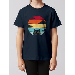 wat? Apparel T-Shirt Retro Sunset Cat in Dunkelblau | Gr.: 122/128
