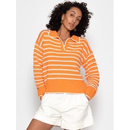 SASSYCLASSY Feinstrickpullover mit Polokragen und Ajourstreifen in Orange | Gr.: S