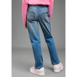 Scout M&auml;dchen Schlupfjeans "Stretchjeans mit Herztaschen - NEU von Scout"blau used, Gr. 146, Abriebeffekte, Denim/Jeans, Obermaterial: 98% Baumwolle,
