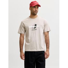 Jack & Jones JACK & JONES Herren Rundhalsshirt "JCOCLUB GRAPHIC FRONT PRINT TEE SS CN", beige, Gr. XL, bedruckt, Jersey, Obermaterial: 100% Baumwolle, Shirts,
