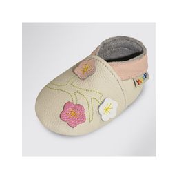 Yalion Leder Krabbelschuh Baby Slip Blume Creme Lauflernschuh | Gr.: 0-6 Monate