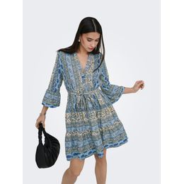 Only Damen Tunikakleid "ONLSINA LIFE 3/4 SHORT DRESS NOOS WVN", blau, Gr. XL, bedruckt, Web, Obermaterial: 100% Polyester, Kleider, mit Volant
