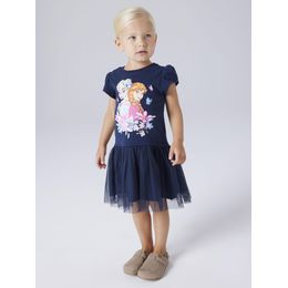 name it M&auml;dchen Jerseykleid "NMFMEMMA FROZEN SS TULLE DRESS LNOOS WDI", blau, Gr. 110, bedruckt, Jersey, Obermaterial: 67% Polyester, 31% Baumwolle,