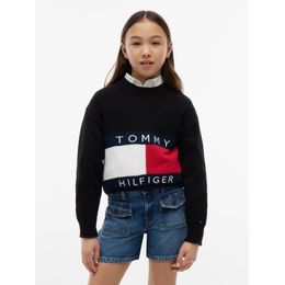 Tommy Hilfiger M&auml;dchen Strickpullover, schwarz, Gr. 5, unifarben, Strick, Obermaterial: 100% Baumwolle, Pullover, Rundhalsausschnitt, Rollkante am