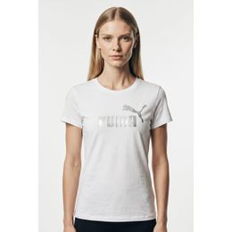 Puma Damen T-Shirt "ESS NO 1 LOGO METALLIC TEE", wei&szlig;, Gr. XS, bedruckt, Jersey, Obermaterial: 100% Baumwolle, Shirts, Kurzarm, mit Rundhalsausschnitt