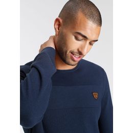 Bruno Banani Herren Rundhalspullover, blau, Gr. L, Feinstrick, Obermaterial: 50% Baumwolle, 50% Polyacryl, Pullover, aus Feinstrick, mit Badge und