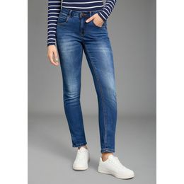 Kangaroos Damen Relax-fit-Jeans "RELAX-FIT HIGH WAIST", blau, Basic, Gr. 32, Abriebeffekte, Denim/Jeans, Obermaterial: 67% Baumwolle, 32% Polyester
