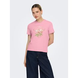 Only Damen Kurzarmshirt "ONLAMBERDINE S/S PRINT TOP BOX JRS", rosa, Gr. L, bedruckt, Jersey, Obermaterial: 100% Baumwolle, Shirts, Baumwolle, regular