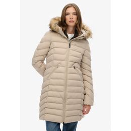 Superdry Damen Steppjacke "FUJI FAUX FUR HOOD MID LENGTH"chateau grau, Gr. XXL, unifarben, Web, Obermaterial: 100% Polyester, Jacken, Slim Fit, mit