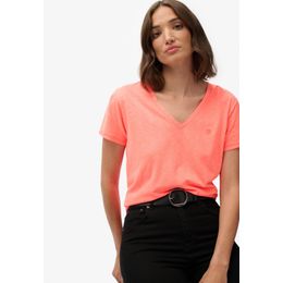 Superdry Damen T-Shirt "STUDIOS SLUB EMB VEE TEE"fluro coral, Gr. XS, unifarben, Single Jersey, Obermaterial: 60% Baumwolle, 40% Lyocell, Shirts,