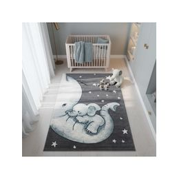KADIMA DESIGN Kinderteppich Waschbar Elefant TASNA Strapazierf&auml;hig OEKO-TEX in Blau | Gr.: rund: 120 cm &Oslash;