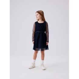 name it M&auml;dchen Minikleid "NKFVABOS LS DRESS NOOS", blau, Gr. 122, unifarben, Web, Obermaterial: 100% Polyester, Kleider, elastische Taille, Glitzer