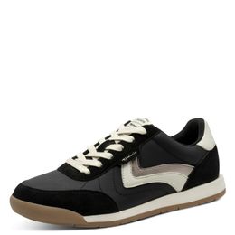 Tamaris Damen Sneaker, Gr. 37, schwarz, Leder, Lederimitat, Textil, unifarben mit Farbeins&auml;tzen, Schuhe, Freizeitschuh, Halbschuh, Schn&uuml;rschuh, weich