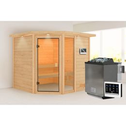 Karibu Sauna &raquo;"Tally" mit bronzierter T&uuml;r und Kranz, naturbelassen&laquo; aus hochwertiger nordischer Fichte braun Bio-Kombiofen, externe Steuerung, 400 kW