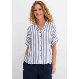 bonprix Damen Hemdbluse, blau, Gr. 40, gestreift, Web, Obermaterial: 100% Viskose, Blusen, mit schmalem Stehkragen und V-Ausschnitt