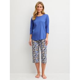 Calida Damen Capri-Pyjama "Flower Dreams", Gr. L, blau, Interlock, Obermaterial: 100% Baumwolle, Homewear-Sets, mit floralem Muster,