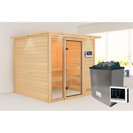 Karibu Sauna &raquo;"Jackie" mit bronzierter T&uuml;r und Kranz, naturbelassen&laquo; aus hochwertiger nordischer Fichte Saunaofen, externe Steuerung, 400 kW